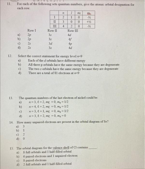 Solved 11. For each of the following sets quantum numbers, | Chegg.com
