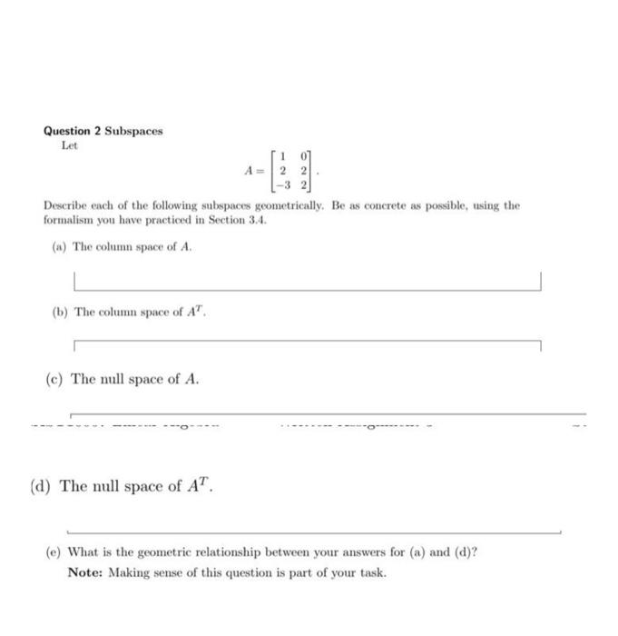 Solved Question 2 Subspaces Let Describe ench of the | Chegg.com