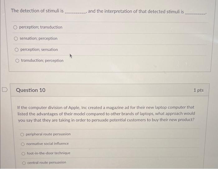 Solved The detection of stimuli is , and the interpretation | Chegg.com