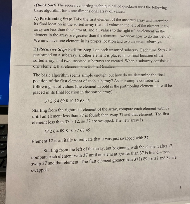 (Quick Sort) The recursive sorting technique called | Chegg.com