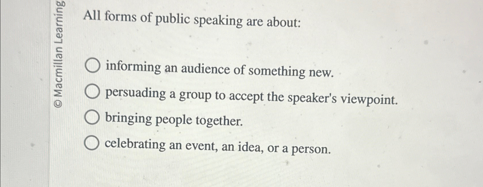 Solved All forms of public speaking are about:informing an | Chegg.com
