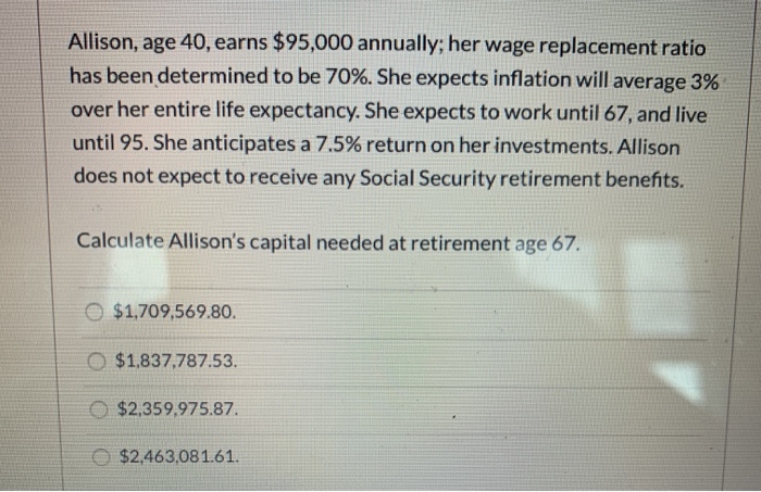Solved Allison, age 40, earns $95,000 annually; her wage | Chegg.com