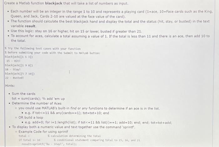 Solved Create a Matlab function blackjack that will take a | Chegg.com