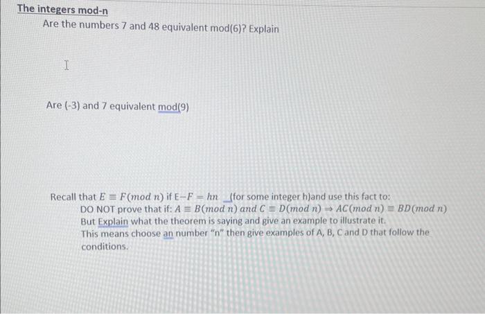 Solved Are (−3) and 7 equivalent mod(9) Recall that | Chegg.com