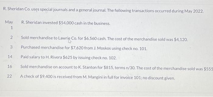 Solved R. Sheridan Co. uses special journals and a general | Chegg.com