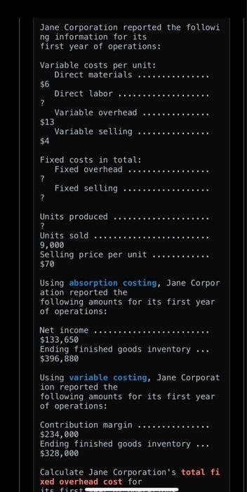 Solved Jane Corporation reported the followi ng information | Chegg.com