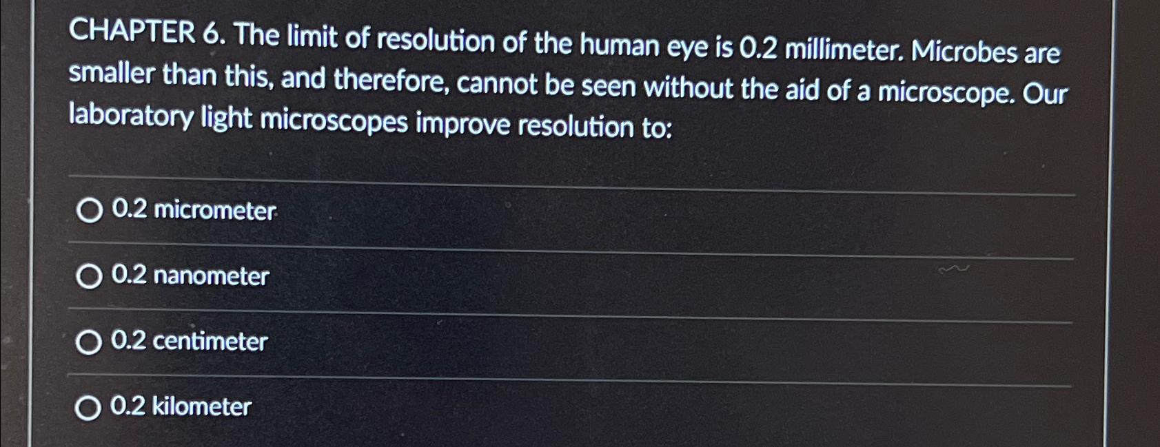 Solved CHAPTER 6. ﻿The limit of resolution of the human eye | Chegg.com