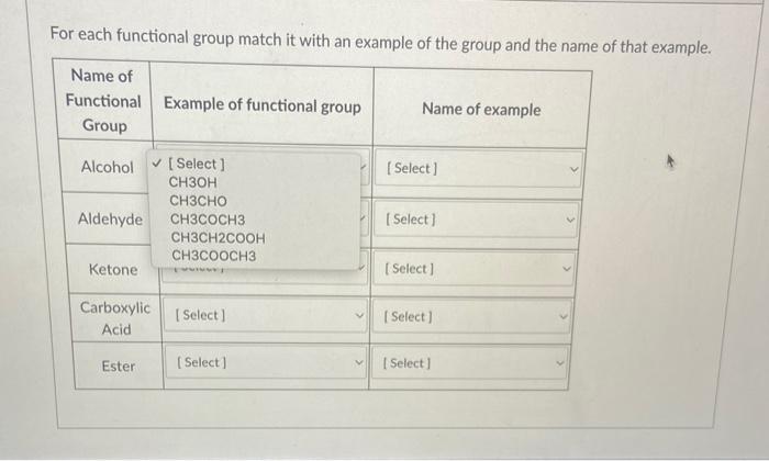 Solved For each functional group match it with an example of | Chegg.com
