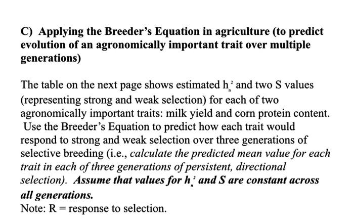 C) Applying the Breeder's Equation in agriculture (to | Chegg.com