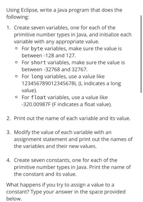 Solved Using Eclipse, write a Java program that does the | Chegg.com