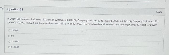 Solved Question 11 In 2019, Big Company had a net 1231 loss | Chegg.com