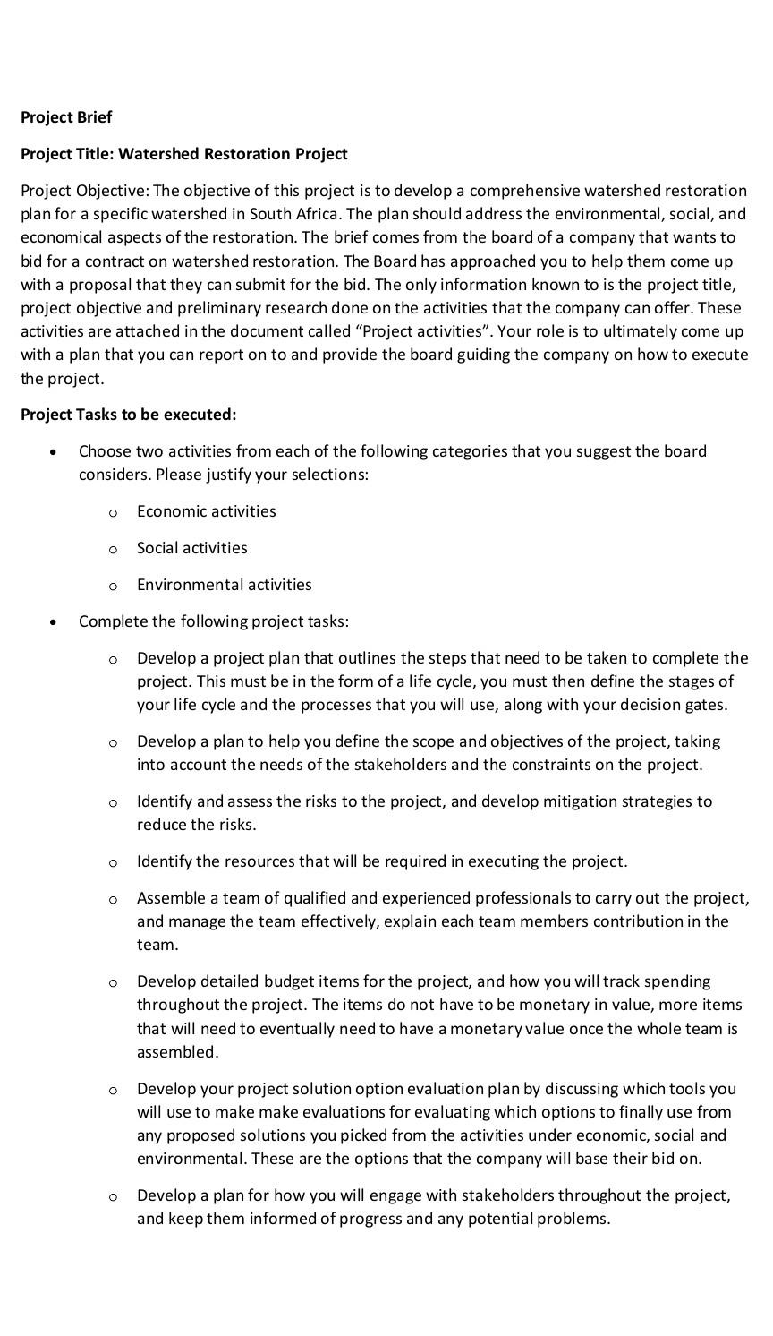 Solved Project Brief Project Title: Watershed Restoration | Chegg.com