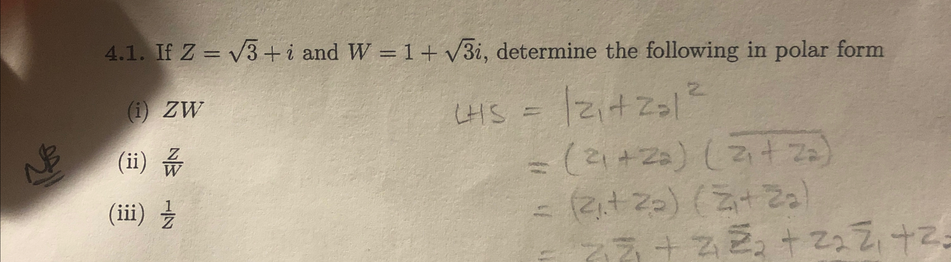 Solved 4.1. ﻿If Z=32+i and W=1+32i, ﻿determine the following | Chegg.com