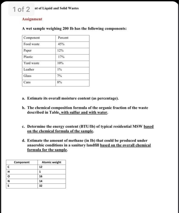 Solved A wet sample weighing 200 Ib has the following | Chegg.com