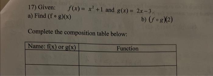 Solved 17) Given: f(x)=x2+1 and g(x)=2x−3 a) Find (f∘g)(x) | Chegg.com