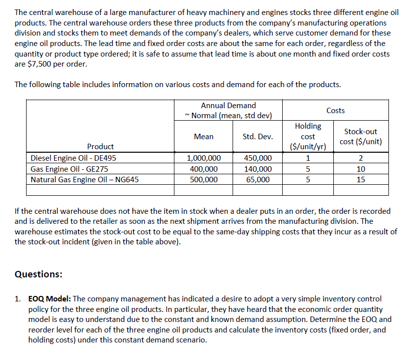 Solved The central warehouse of a large manufacturer of | Chegg.com