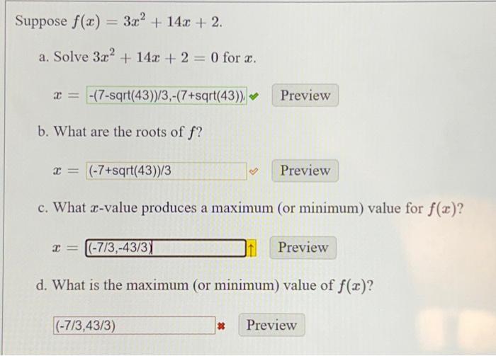 Solved Suppose F x 3x2 14x 2 A Solve 3x2 14x 2 0 For X Chegg