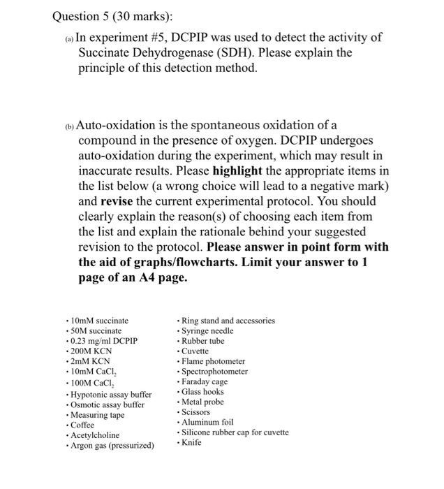 Solved Question 5 (30 marks): (a) In experiment #5, DCPIP | Chegg.com