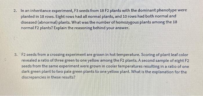 Solved 2. In an inheritance experiment, F3 seeds from 18 F2 | Chegg.com