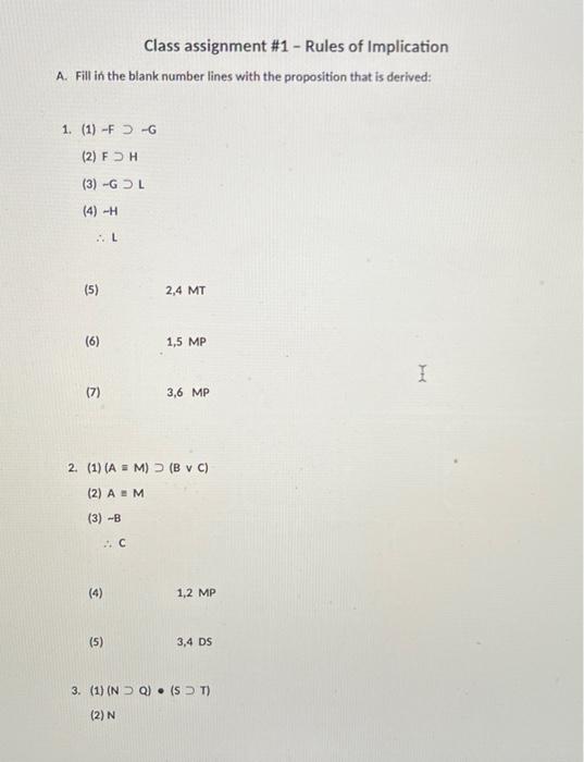 Solved Class assignment #1 - Rules of Implication A. Fill in | Chegg.com
