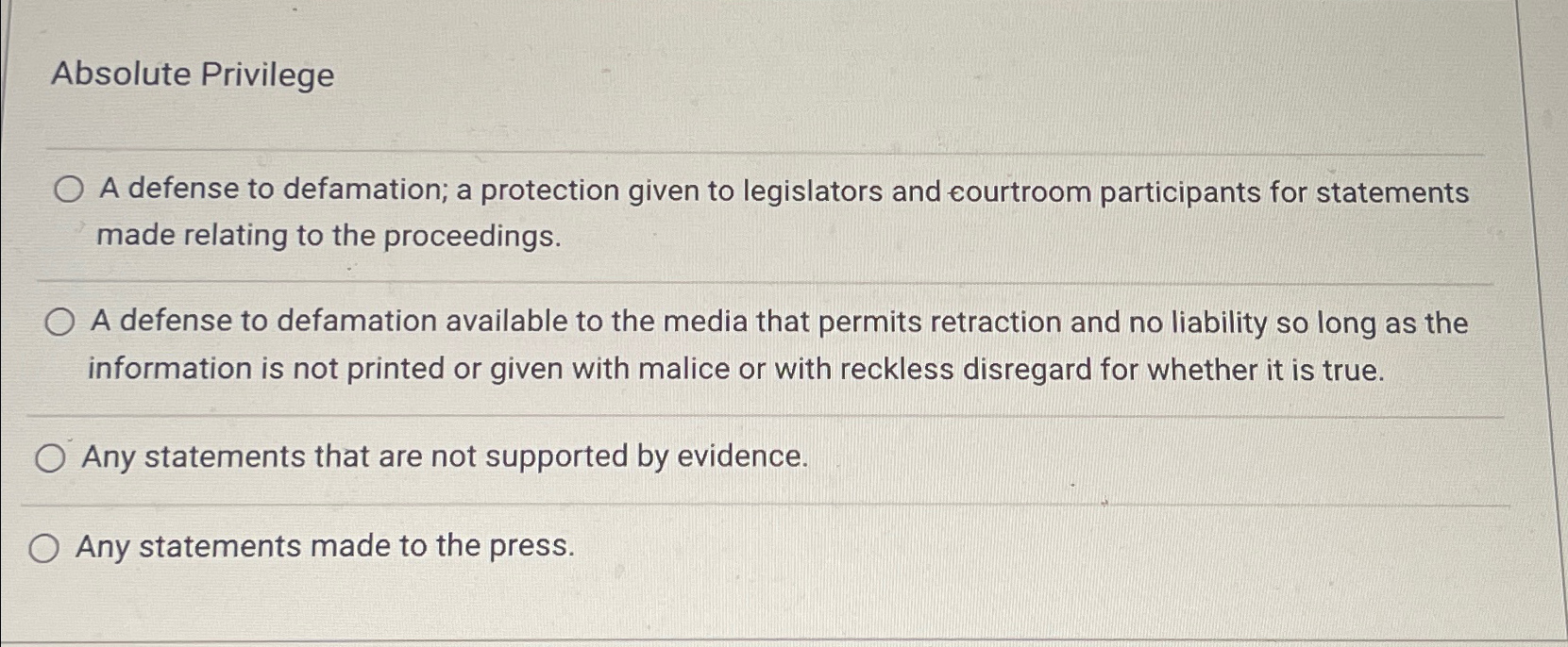 Solved Absolute PrivilegeA defense to defamation; a | Chegg.com