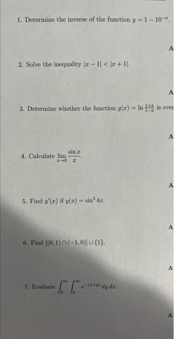 Solved 1. Determine the inverse of the function y=1−10−x. 2. | Chegg.com
