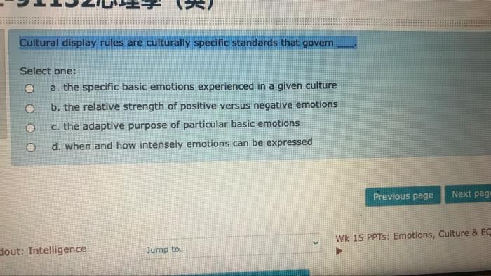 Solved Cultural display rules are culturally specific | Chegg.com