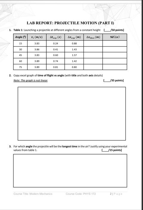 Solved LAB REPORT: PROJECTILE MOTION (PART 1) 1. Table 1: | Chegg.com