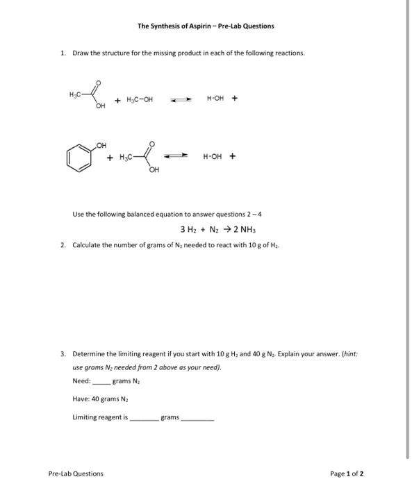 Solved The Synthesis of Aspirin - Pre-Lab Questions 1. Draw | Chegg.com