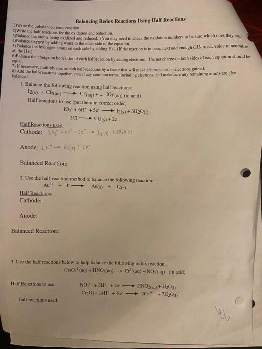 Solved Balancing Redox Reactions Using Half Reactions | Chegg.com