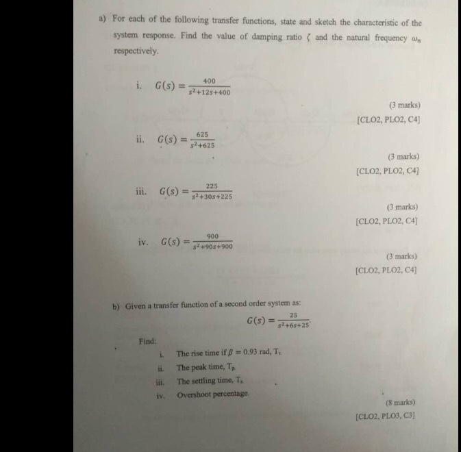 Solved a) For each of the following transfer functions, | Chegg.com