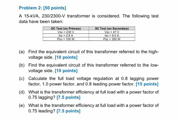 Solved Problem 2: [50 points] A 15-kVA, 230/2300-V | Chegg.com