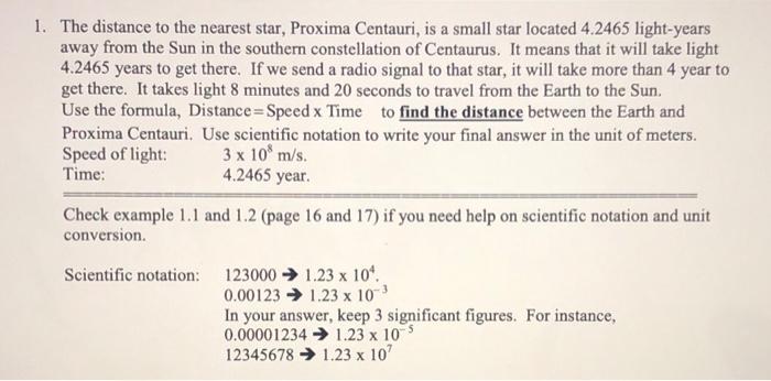 Solved 1. The distance to the nearest star, Proxima | Chegg.com