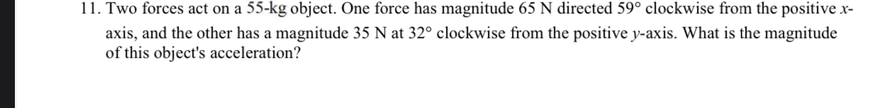 Solved Two forces act on a 55-kg ﻿object. One force has | Chegg.com