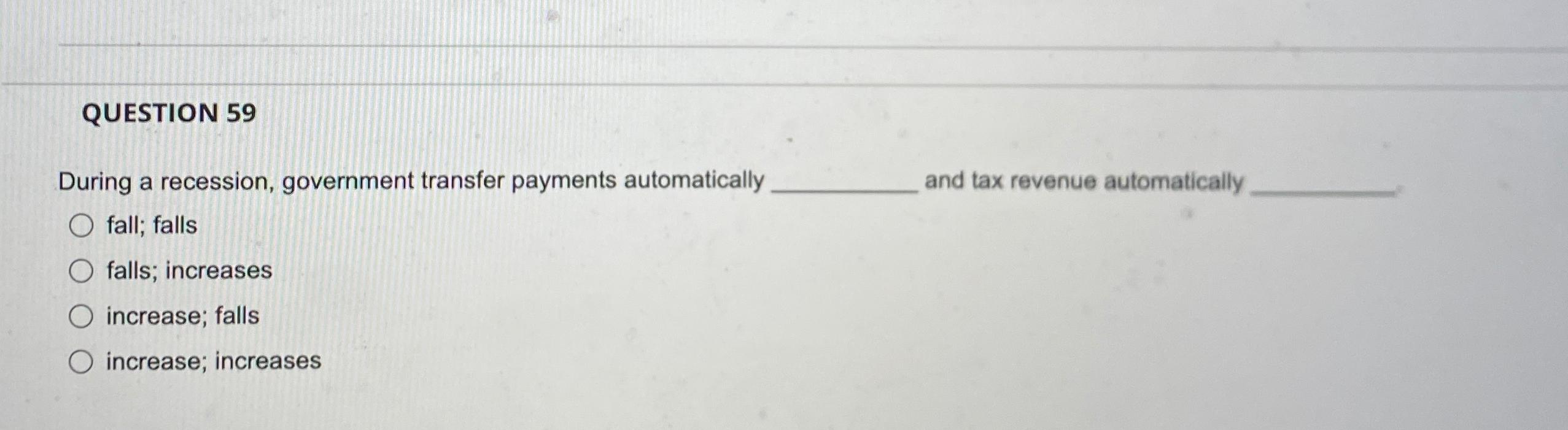 Solved QUESTION 59During a recession, government transfer | Chegg.com