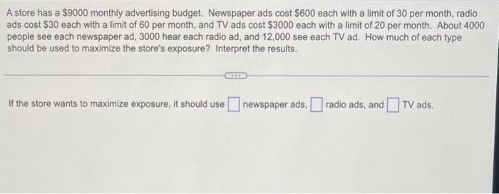 Solved A store has a $9000 monthly advertising budget. | Chegg.com