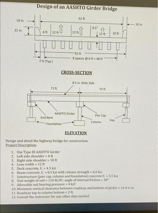 Design of an AASHTO Girder Bridge 52 ft 18 in. 18 in | Chegg.com