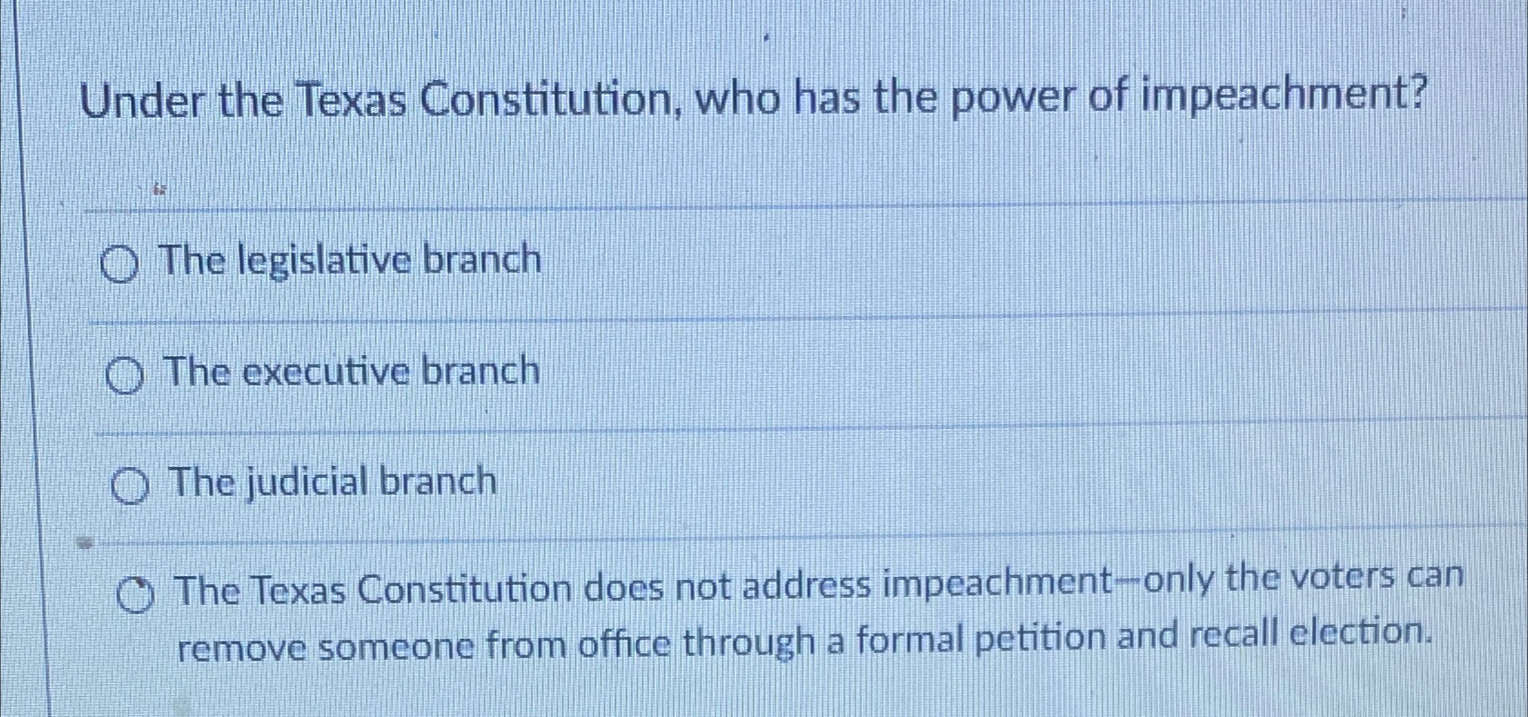 Solved Under the Texas Constitution, who has the power of | Chegg.com