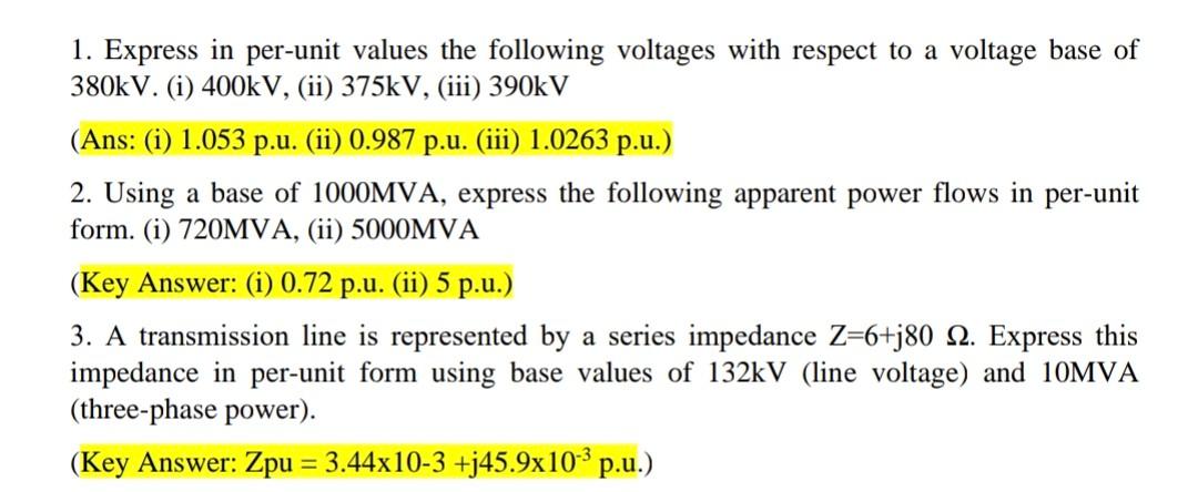 Solved 1. Express in per-unit values the following voltages | Chegg.com