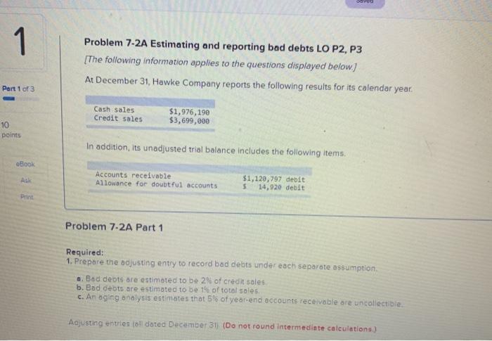 Solved ured 1 Problem 7-2A Estimating and reporting bad | Chegg.com