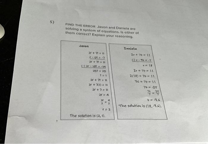 Solved FIND THE ERROR Jason and Daniela are solving a system | Chegg.com
