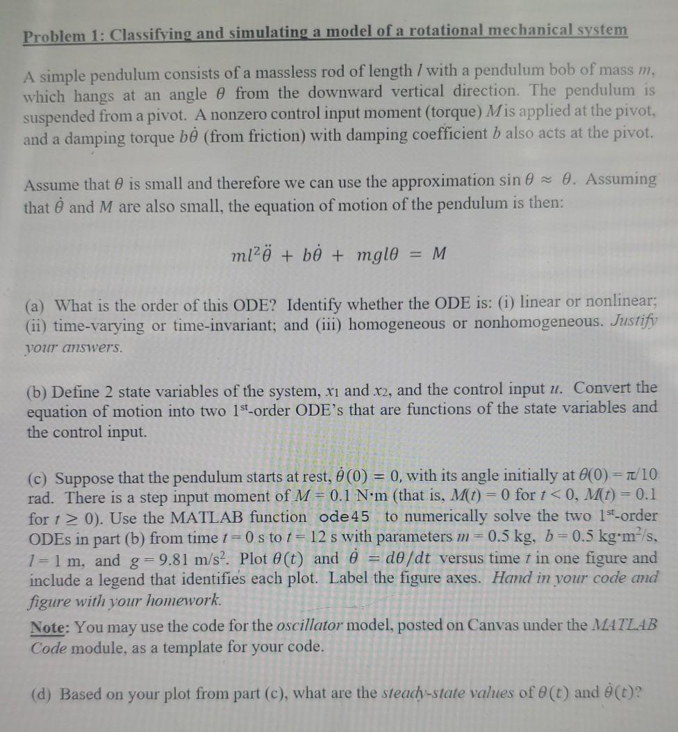 Solved Problem 1: Classifying and simulating a model of a | Chegg.com