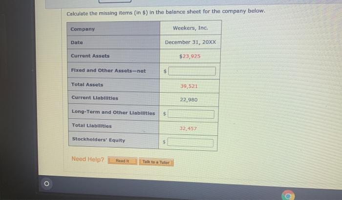 Solved Calculate the missing items (in $) in the balance | Chegg.com