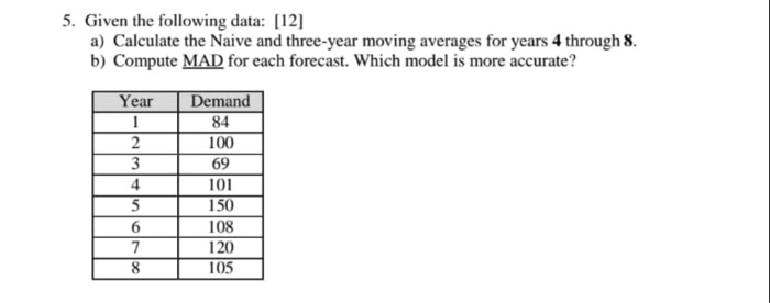 Solved 5. Given the following data: [12] a) Calculate the | Chegg.com