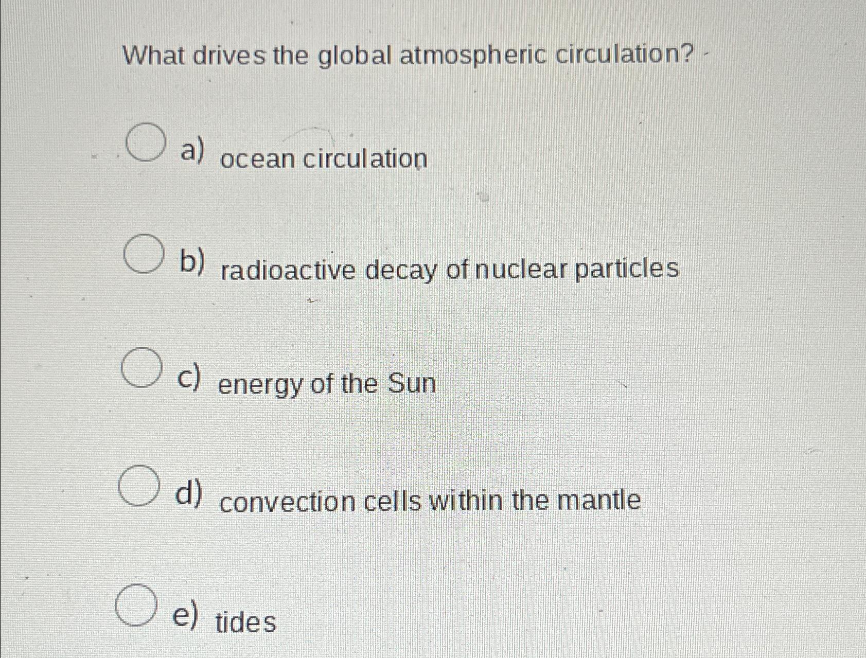 Solved What drives the global atmospheric circulation?a) | Chegg.com