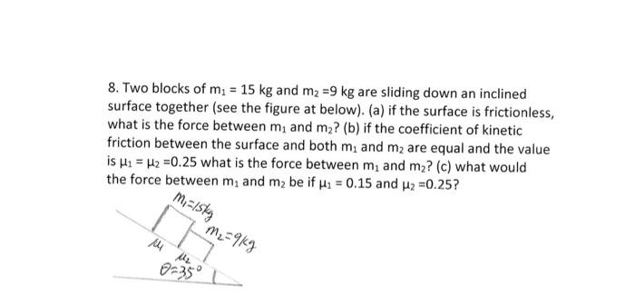 Solved 8. Two blocks of m1=15 kg and m2=9 kg are sliding | Chegg.com