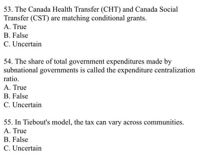 Solved 53. The Canada Health Transfer (CHT) and Canada | Chegg.com