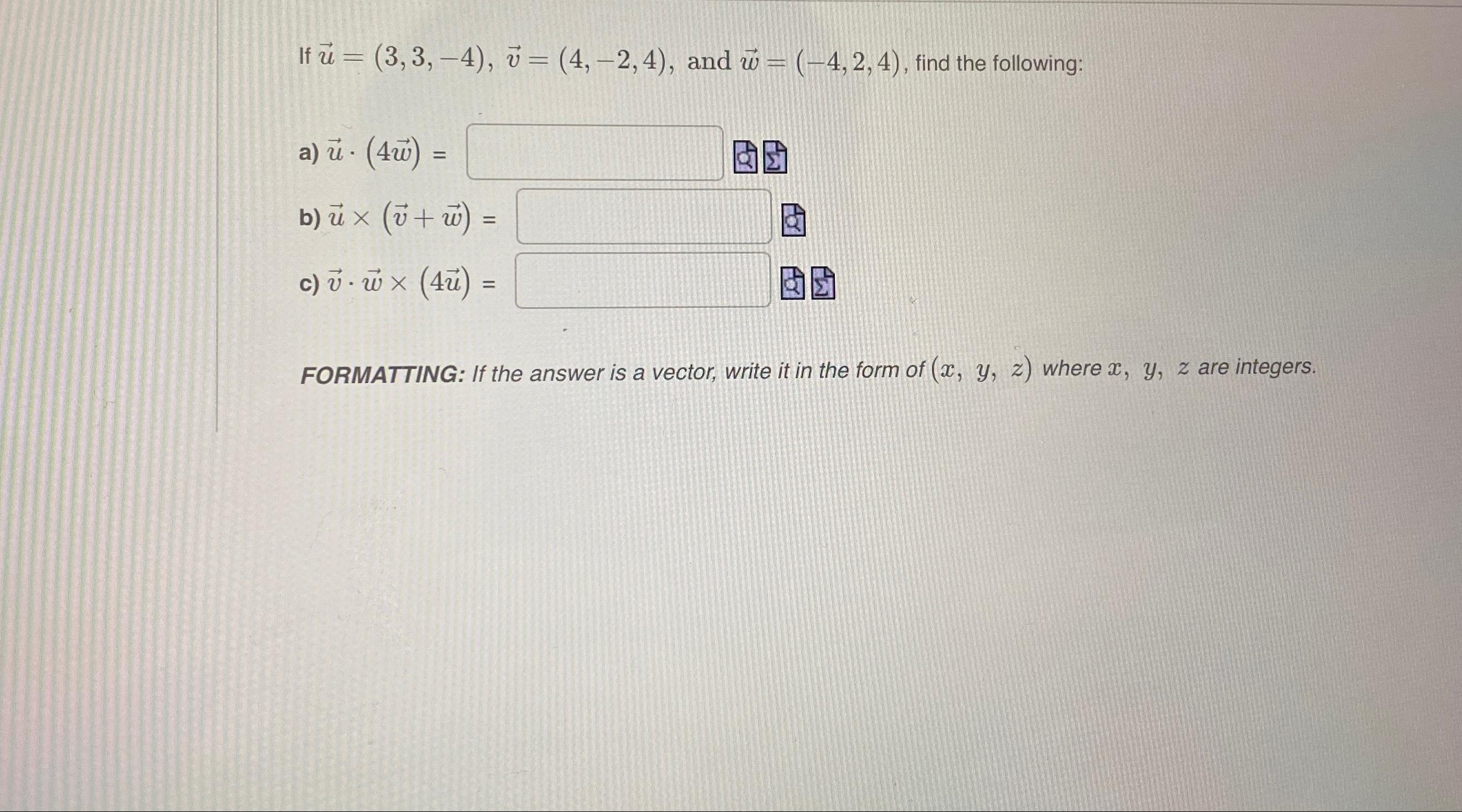 Solved If vec(u)=(3,3,-4),vec(v)=(4,-2,4), ﻿and | Chegg.com