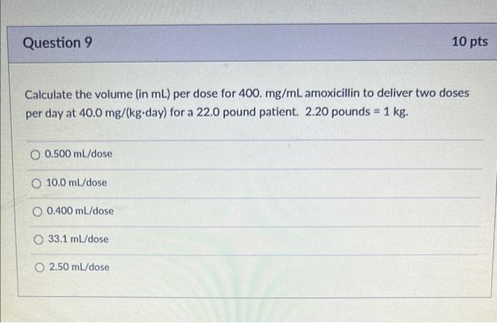 Solved Calculate the volume (in mL ) per dose for 400.mg/mL | Chegg.com