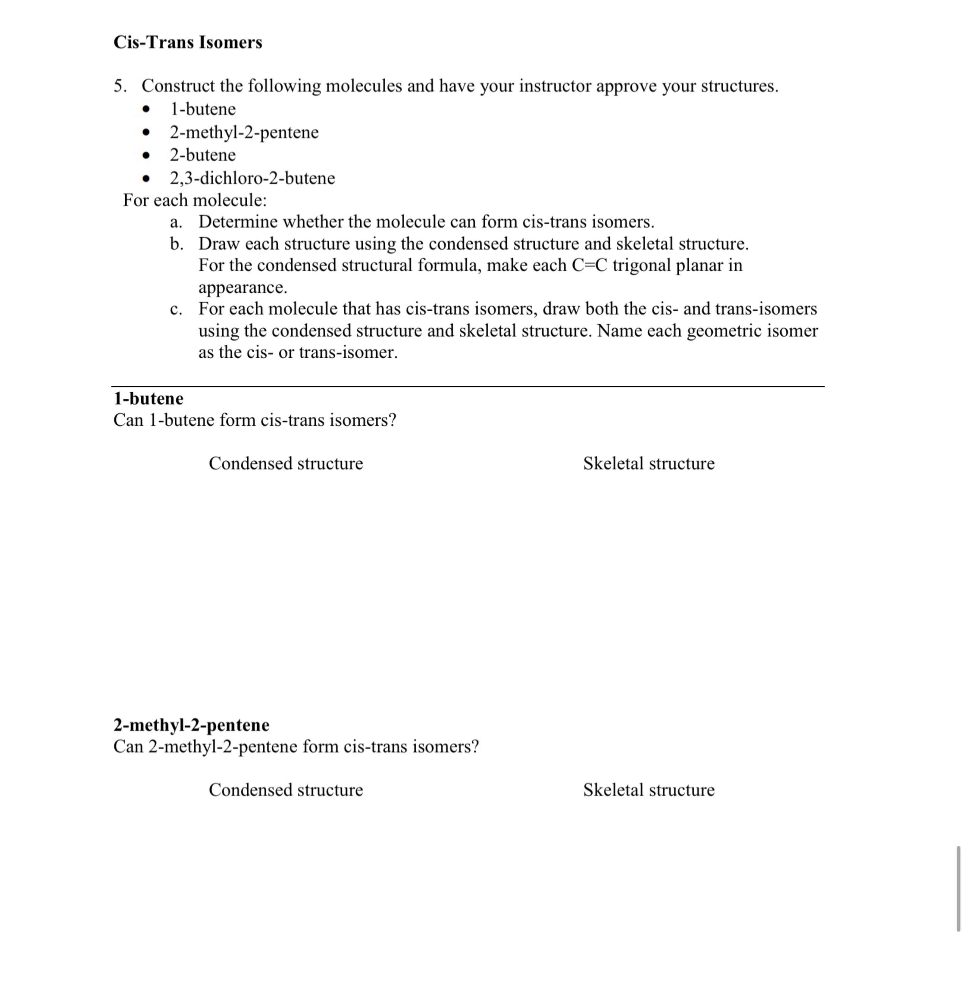 Solved Cis-Trans IsomersConstruct the following molecules | Chegg.com